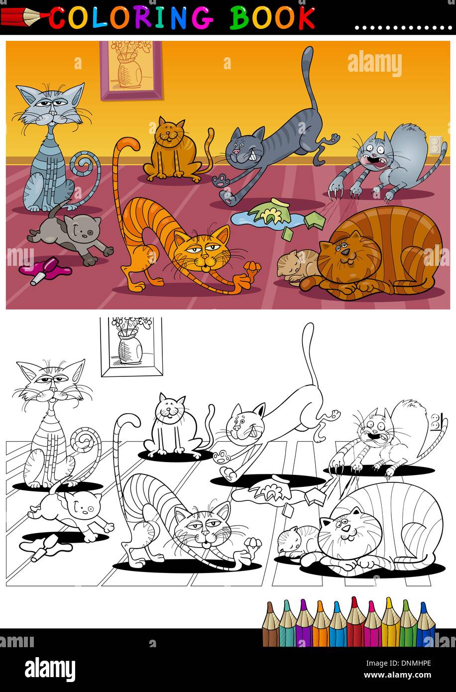 Coloring Book or Page Cartoon Illustration of Funny Naughty Cats in the ...
