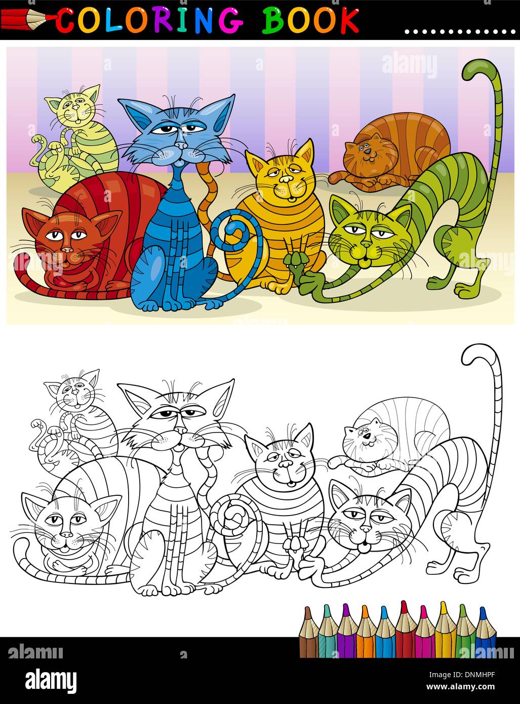 Coloring Book or Page Cartoon Illustration of Fantasy Cats for Children ...