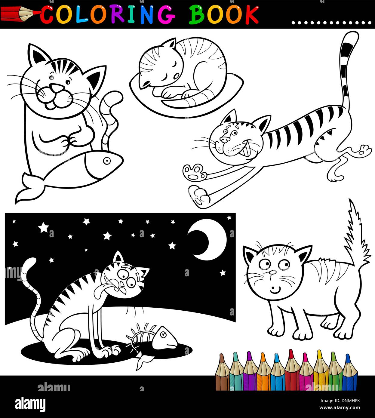 Coloring Book or Page Cartoon Illustration of Funny Cats for Children ...