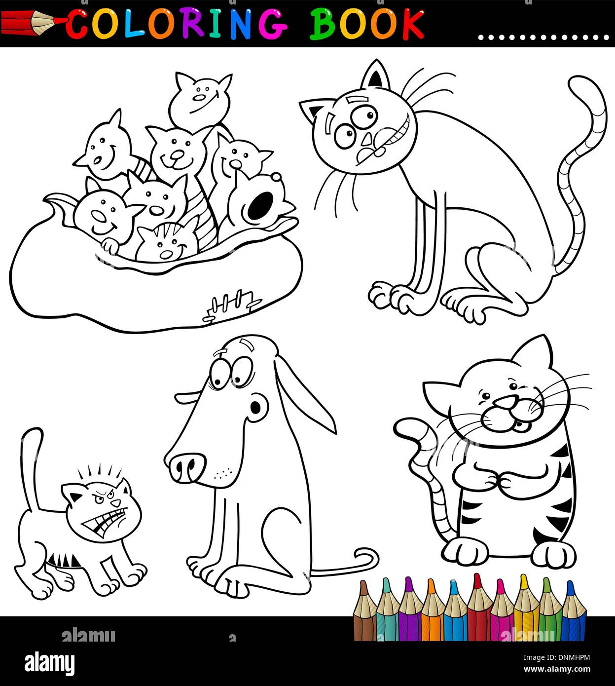 Coloring Book or Page Cartoon Illustration of Funny Cats for Children ...