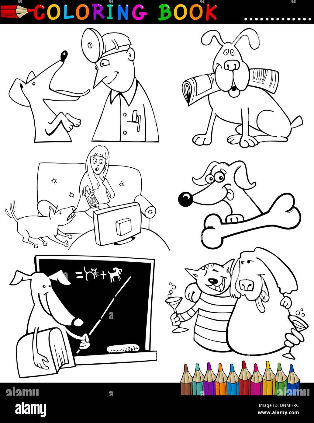 Coloring Book or Page Cartoon Illustration of Funny Dogs and Puppies ...