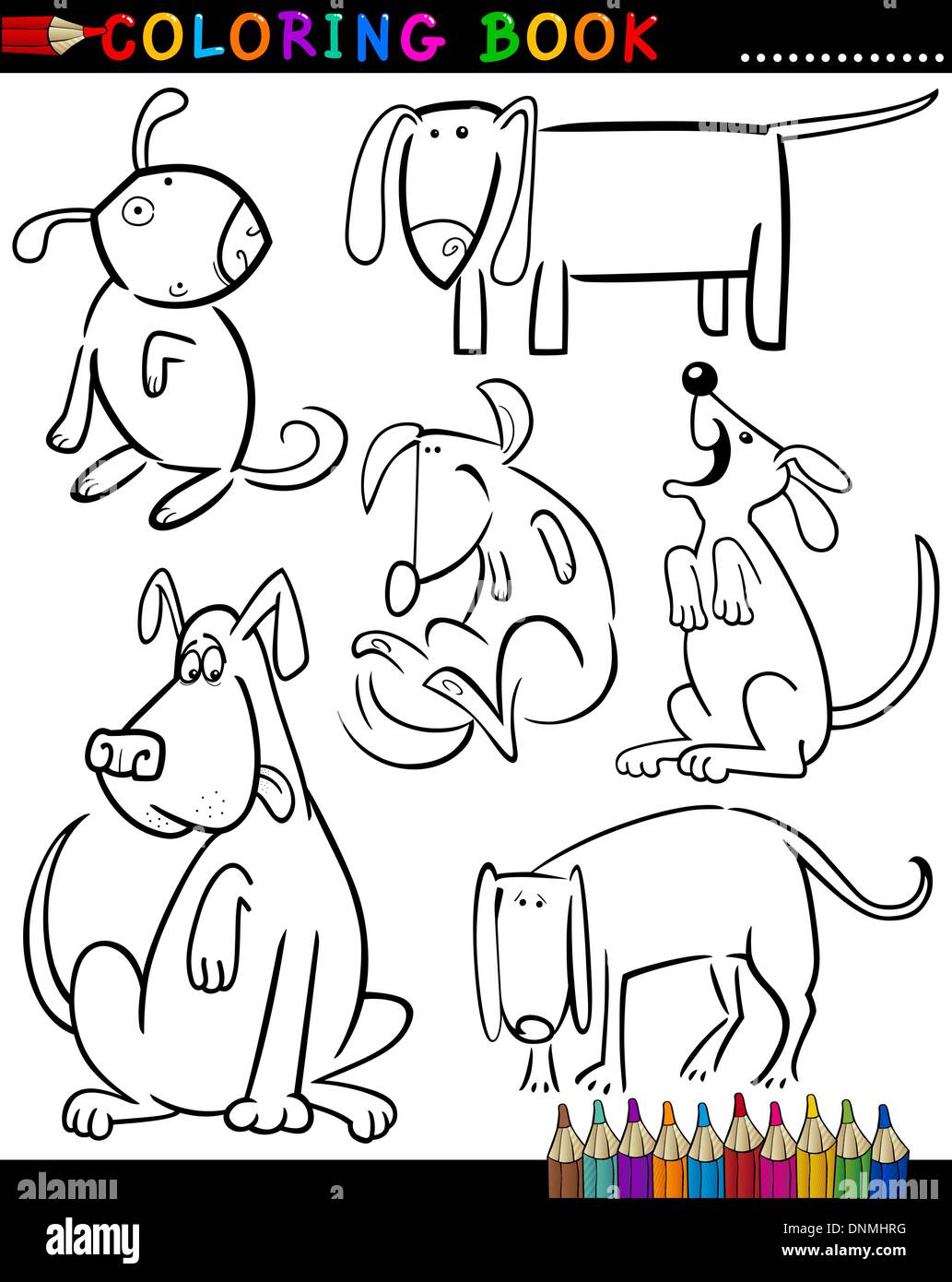 Coloring Book or Page Cartoon Illustration of Funny Dogs and Puppies ...