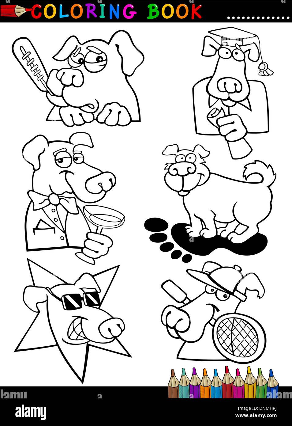 Coloring Book or Page Cartoon Illustration of Funny Dogs and Puppies ...