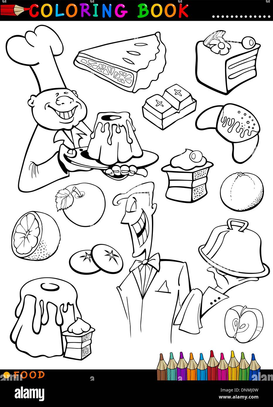 Coloring Book or Page Cartoon Illustration of Sweet Food like Cakes and ...