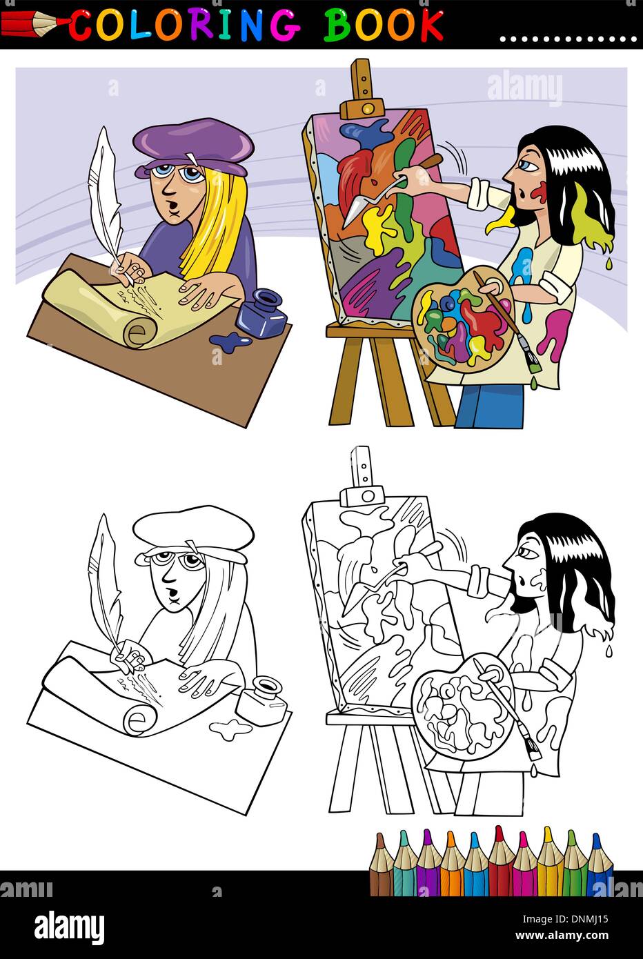 Coloring Book or Page Cartoon Illustration of Poet writing poem and ...