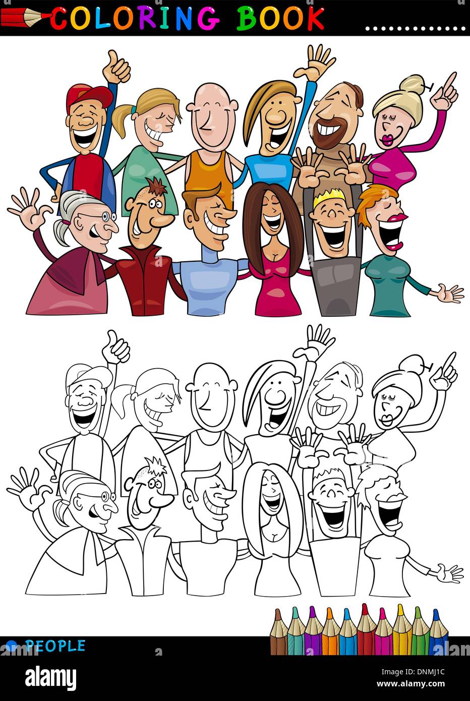 Coloring Book or Page Cartoon Illustration of Happy People Group having ...