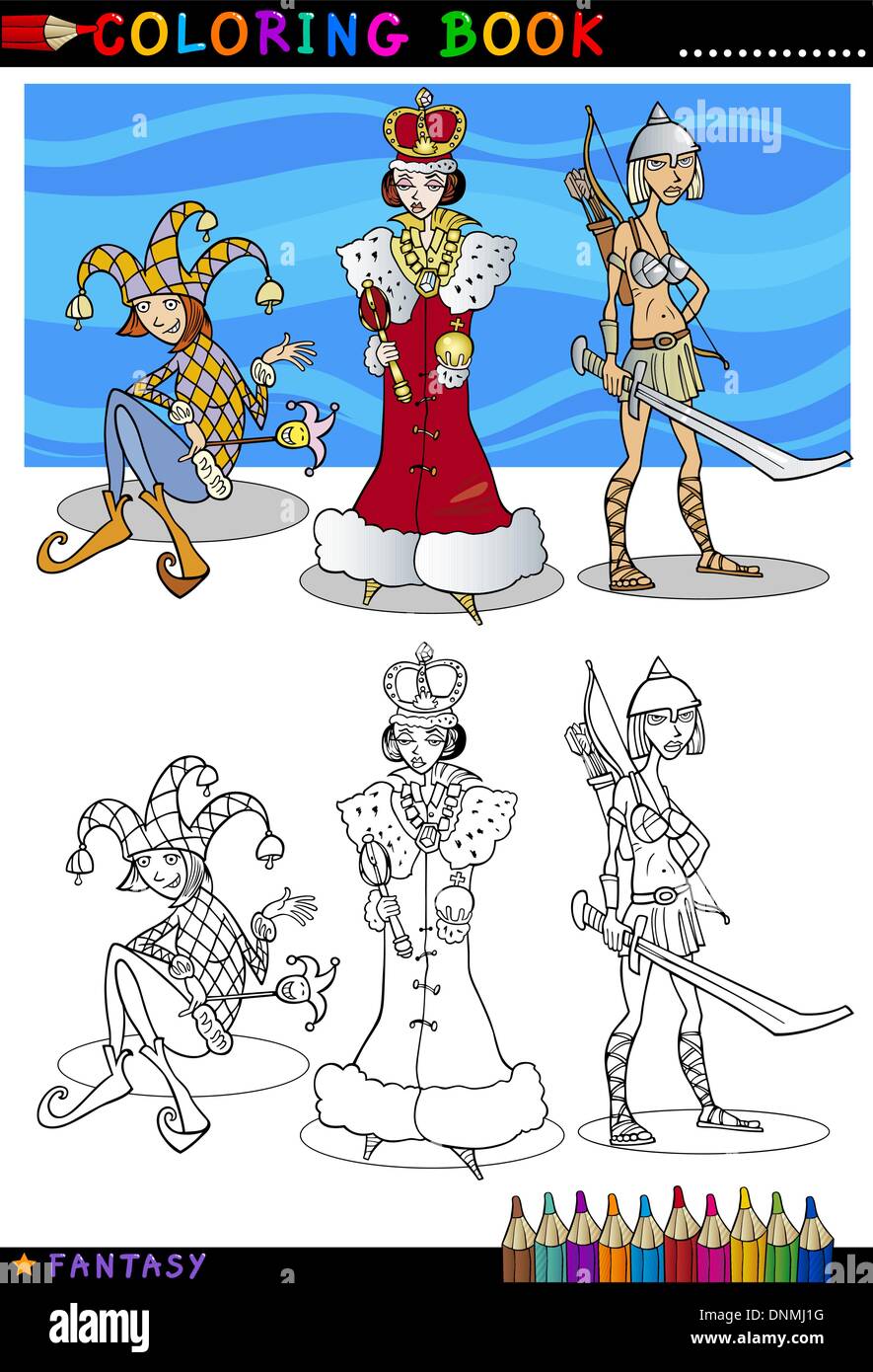 Coloring Book or Page Cartoon Illustration of Queen, Jester and Knight ...