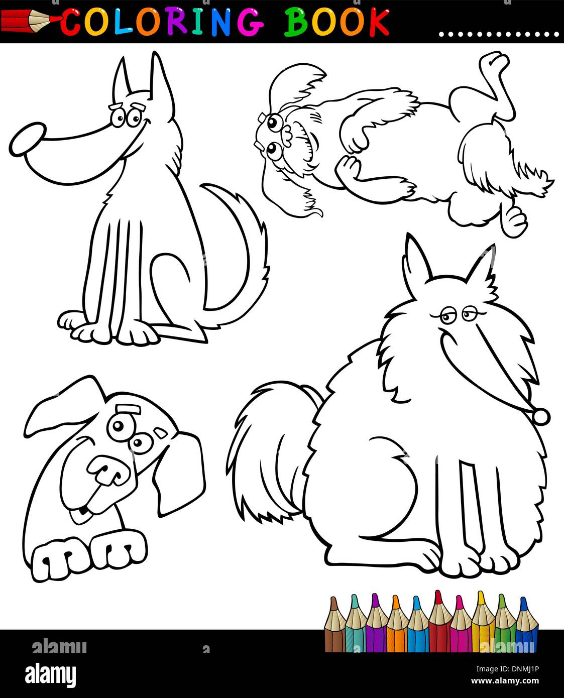 Coloring Book or Page Cartoon Illustration of Funny Dogs or Puppies for ...