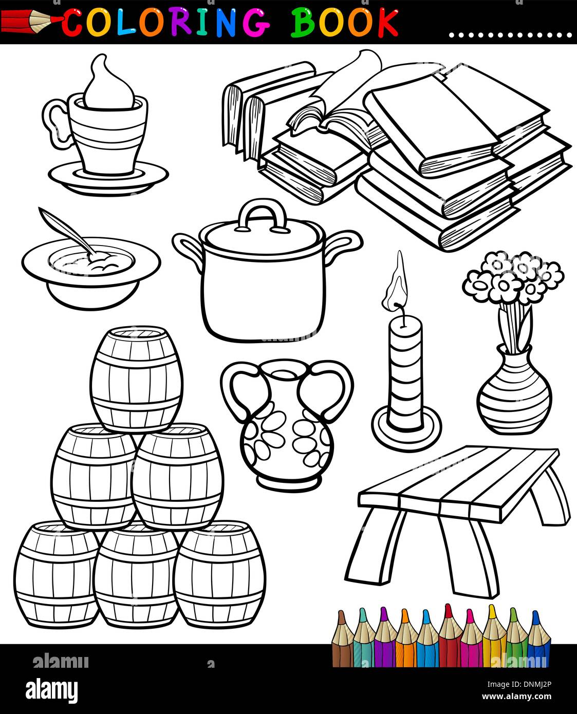 Coloring Book Black and White Cartoon Illustration of Different Objects ...