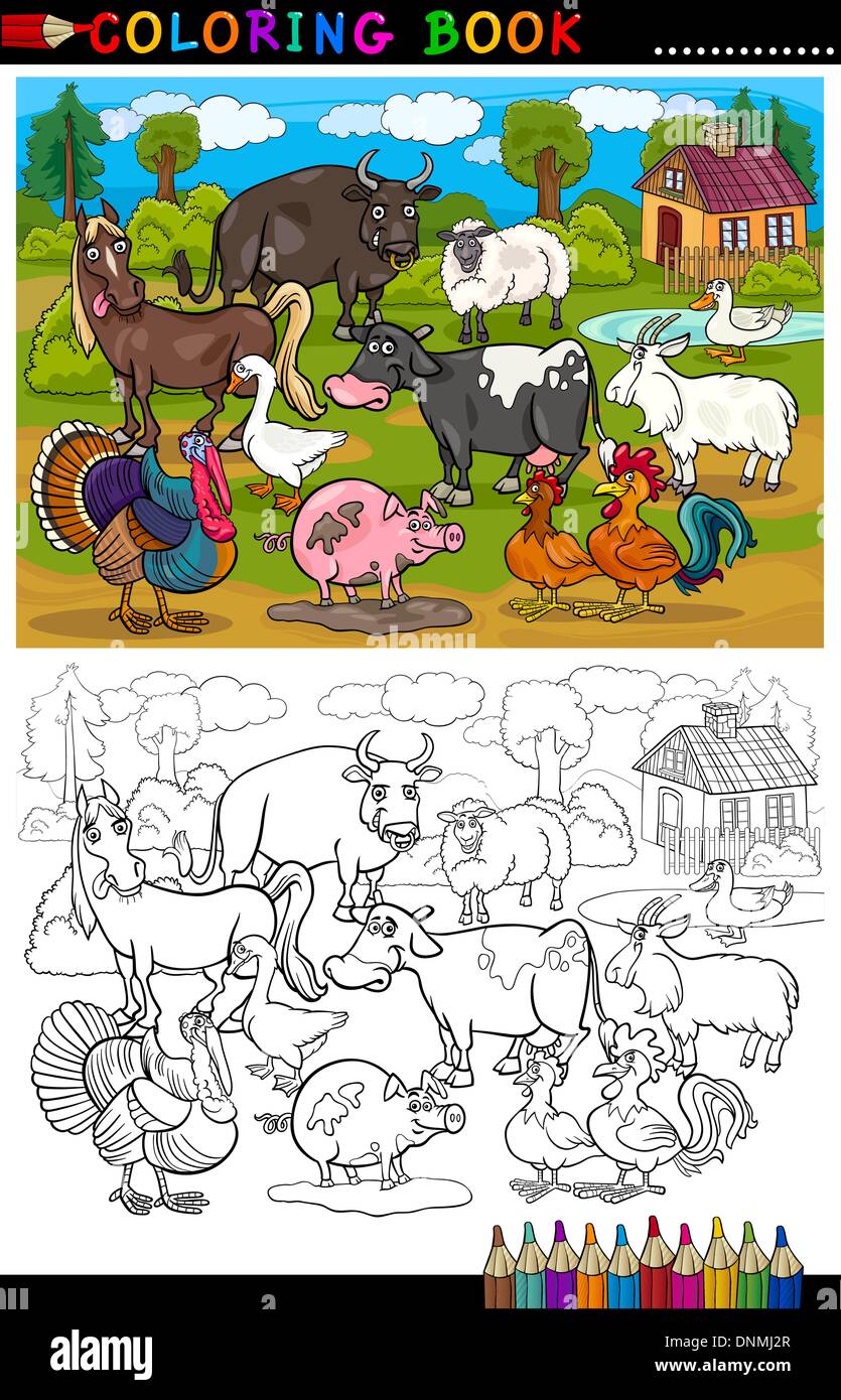 Coloring Book or Coloring Page Cartoon Illustration of Funny Farm and ...