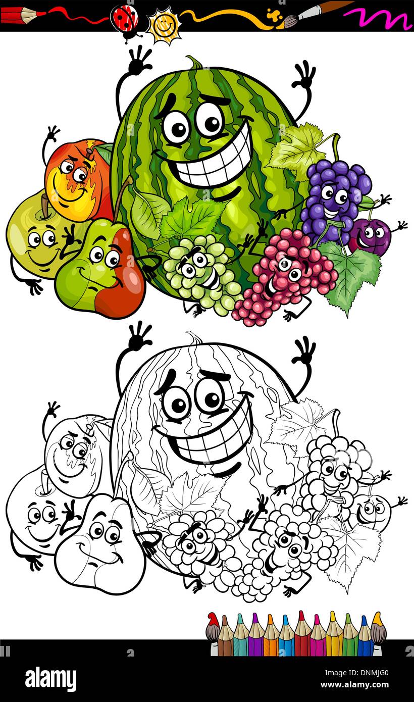 Coloring Book or Page Cartoon Illustration of Funny Fruits Comic Food ...