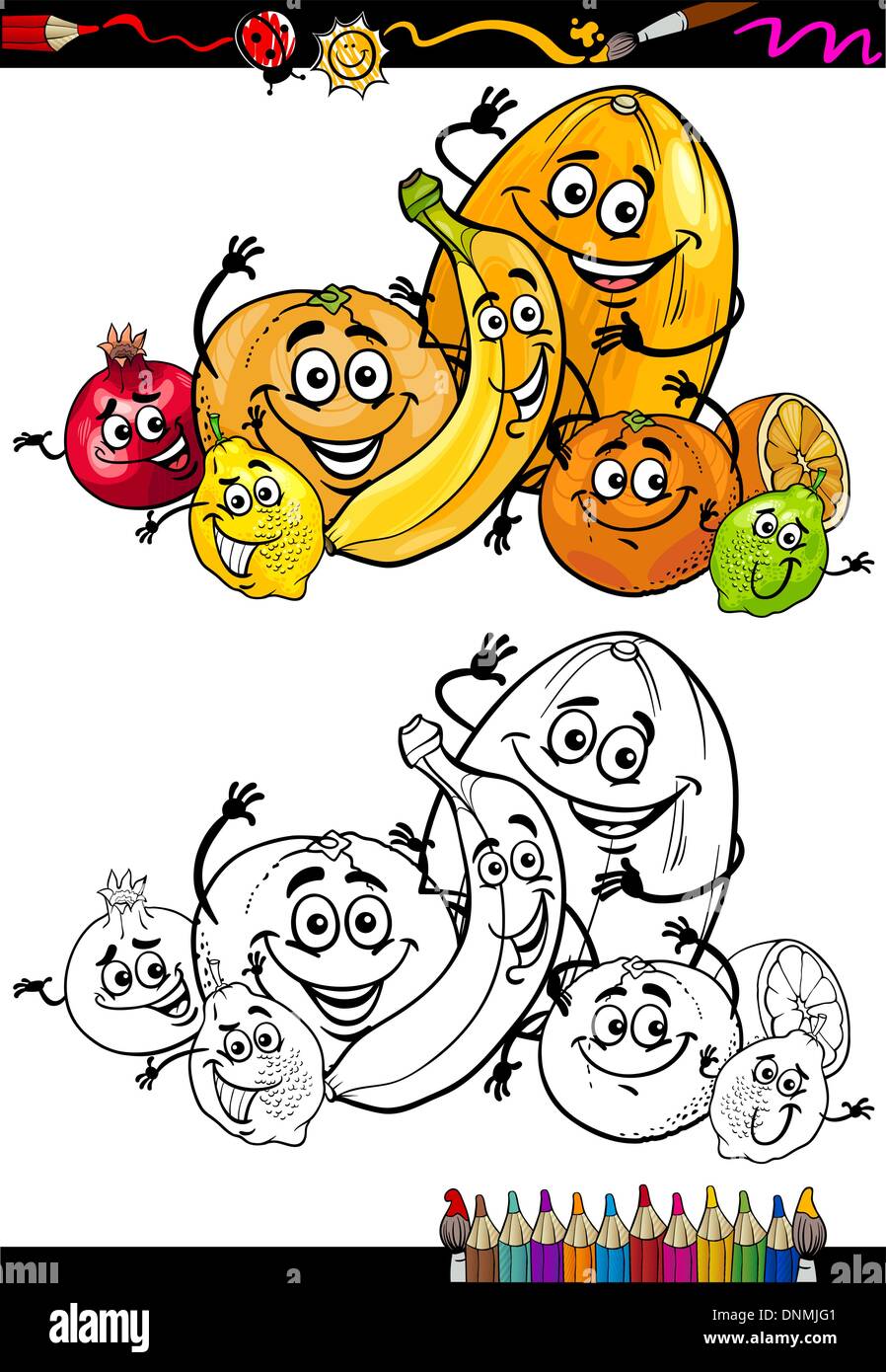 Coloring Book or Page Cartoon Illustration of Funny Citrus Fruits Comic ...