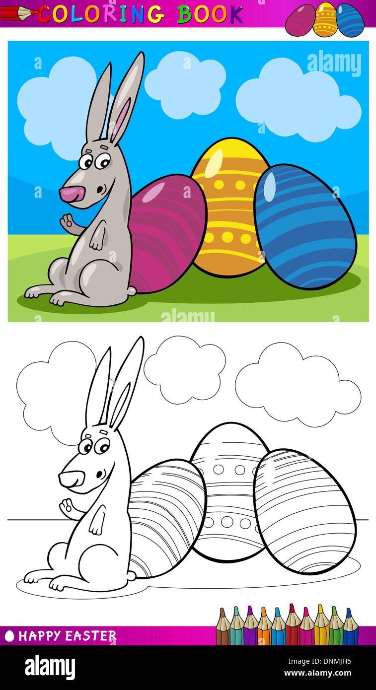 Coloring Book or Page Cartoon Illustration of Easter Bunny with Painted ...