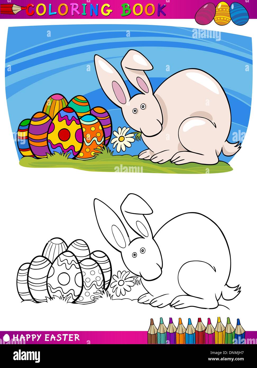 Coloring Book or Page Cartoon Illustration of Easter Bunny with Painted ...