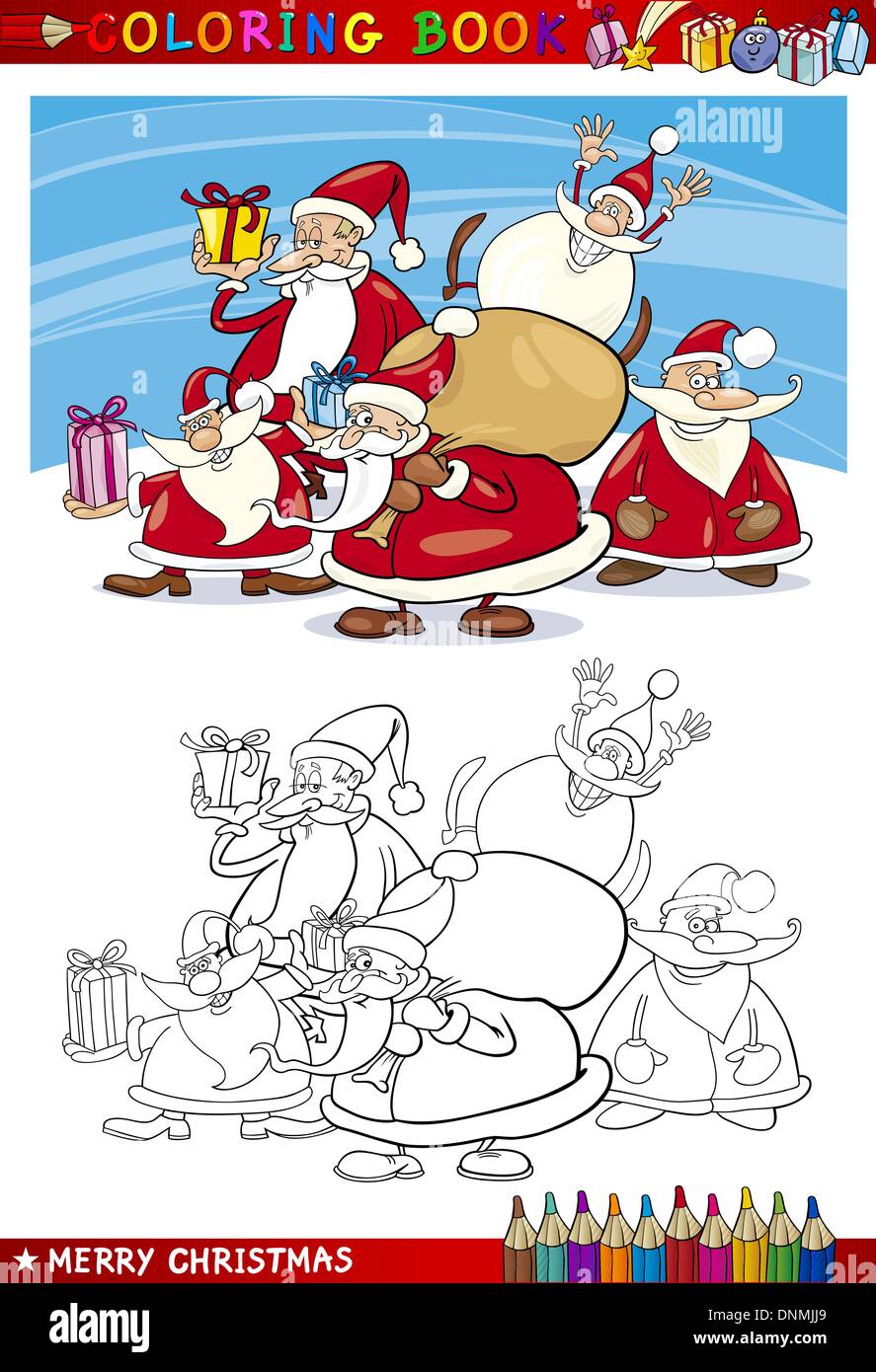 Coloring Book or Page Cartoon Illustration of Santa Clauses Christmas ...