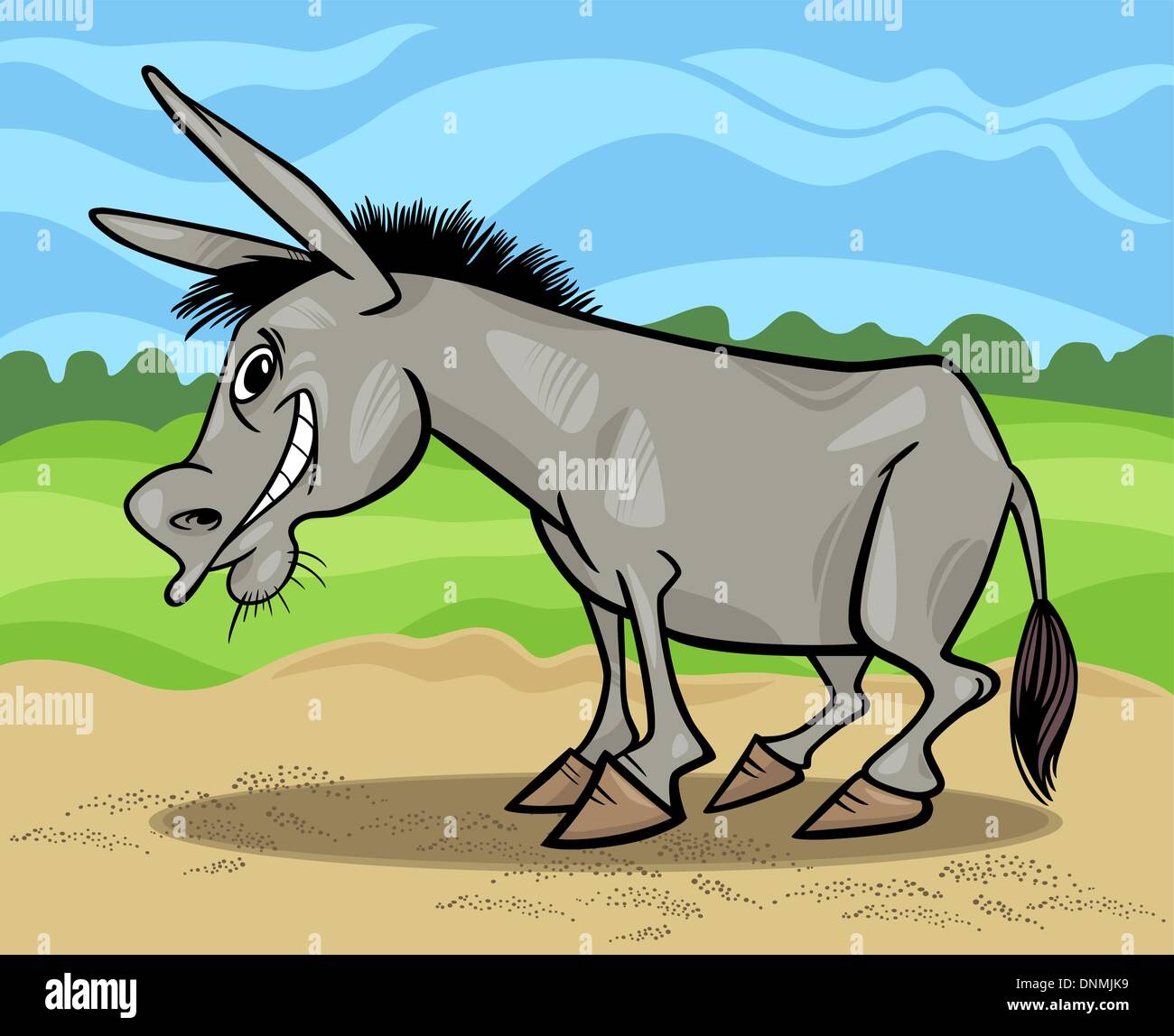 Cartoon Illustration of Funny Donkey Farm Animal against Blue Sky and ...