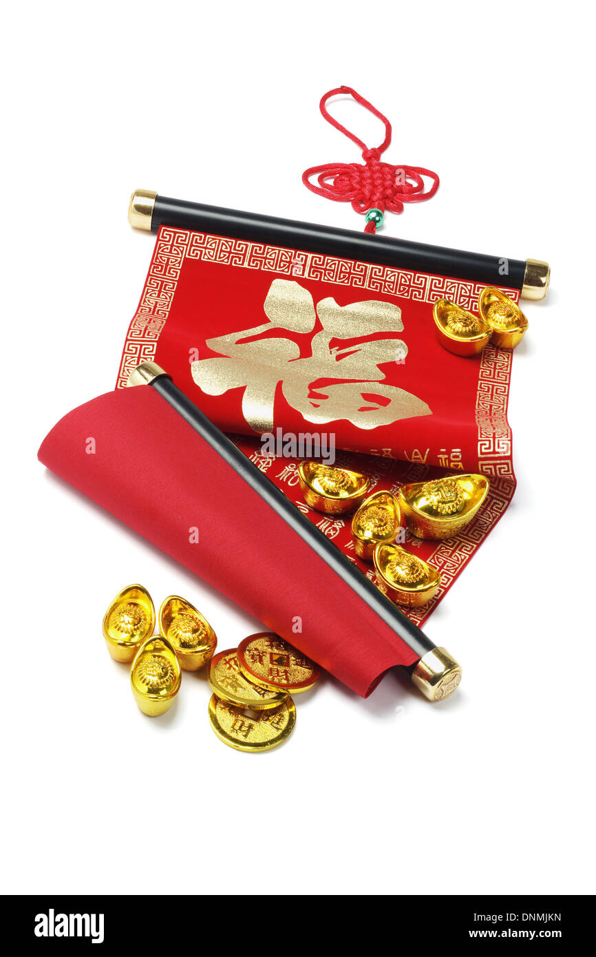 Chinese Prosperity Scroll With Festive Greetings And Gold Ingots - Good ...