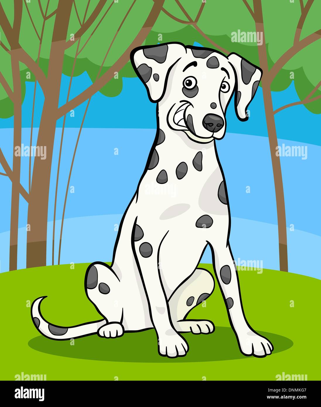 Cartoon Illustration of Cute Dalmatian Purebred Dog and Rural Scene ...