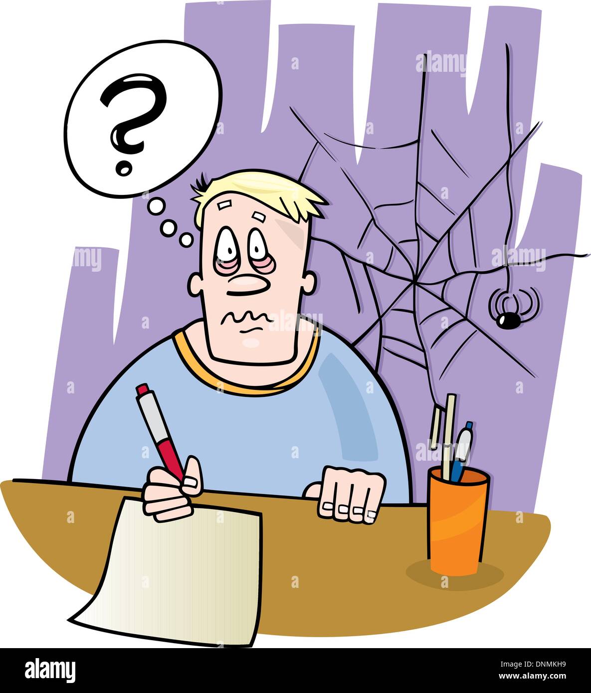 Cartoon illustration of school boy trying to write homework composition ...