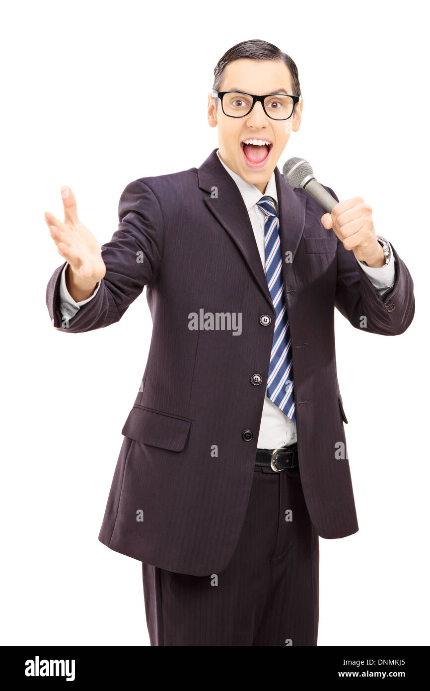 Professional male reporter in black suit holding a microphone Stock ...