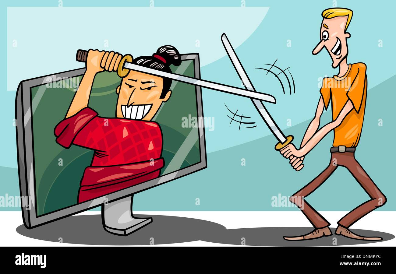 Cartoon Illustration of Funny Man Fighting with Samurai or Watching ...
