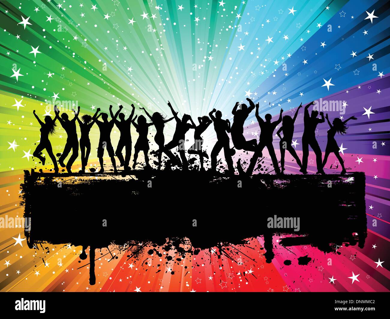 Silhouette of a huge group of people dancing on a grunge starburst ...