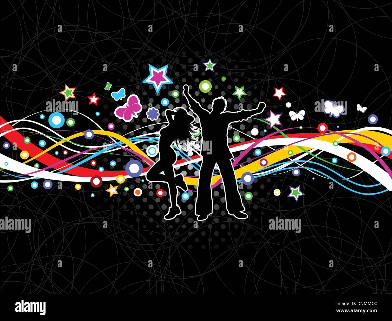Silhouettes of people dancing on a colourful abstract background Stock ...