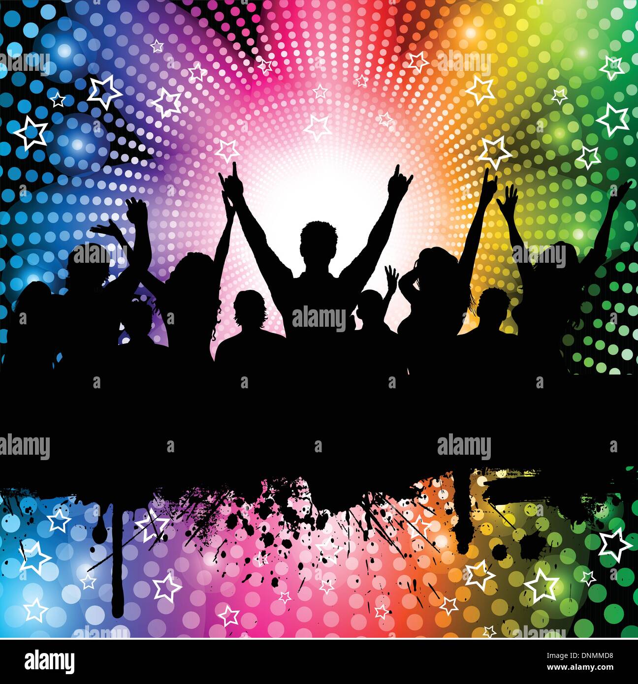 Silhouette of a party crowd on a rainbow coloured lights background ...
