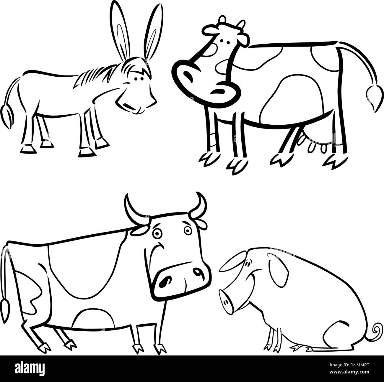 Illustration Of Farm Animals Cartoon For Coloring Book