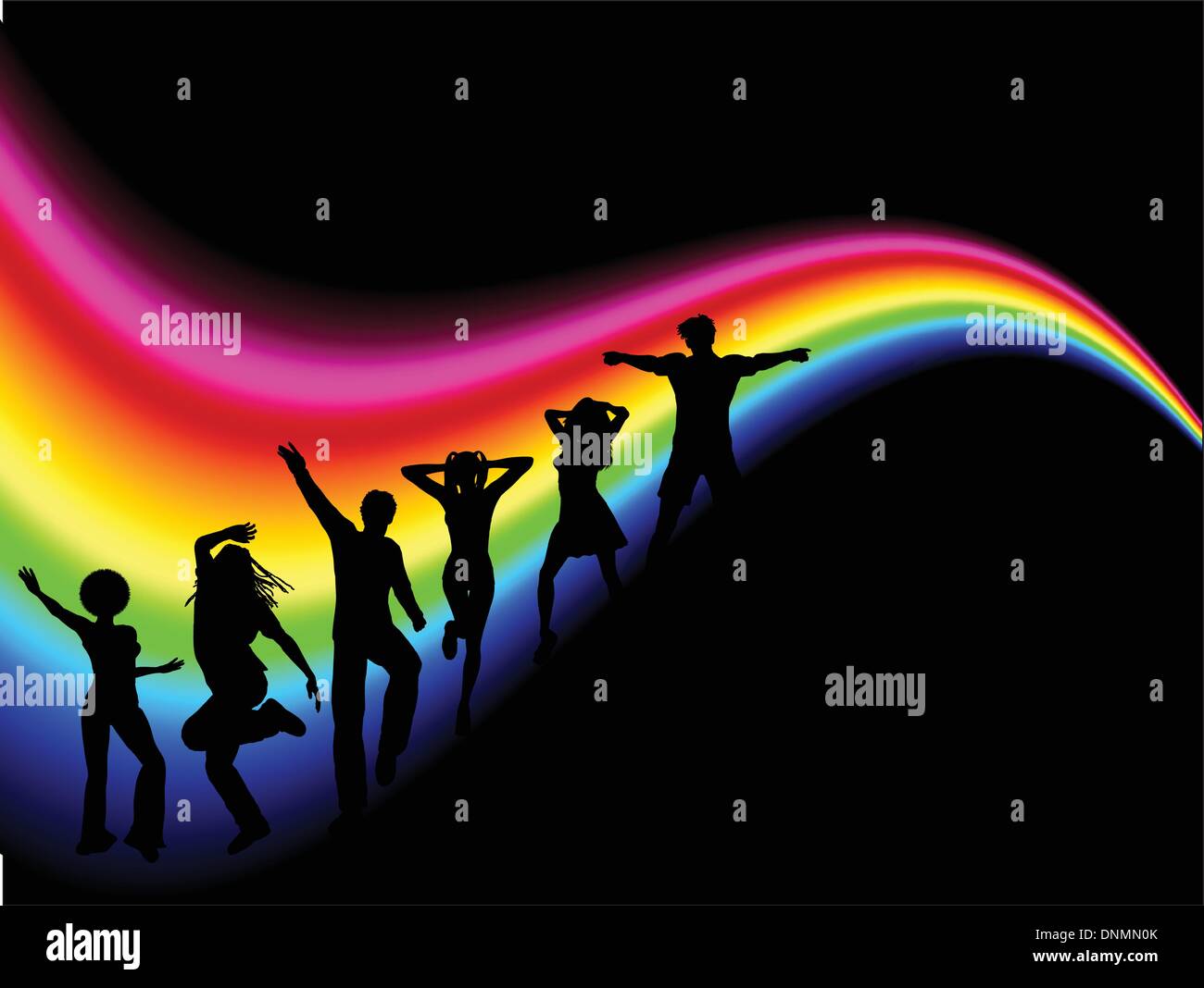Silhouettes of funky people dancing on rainbow coloured background ...