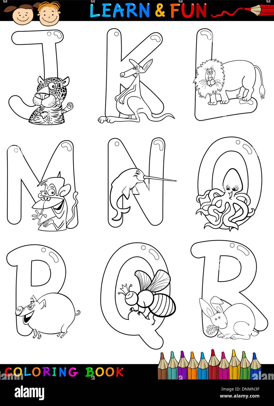 Cartoon Alphabet Coloring Book or Page Set with Funny Animals for ...