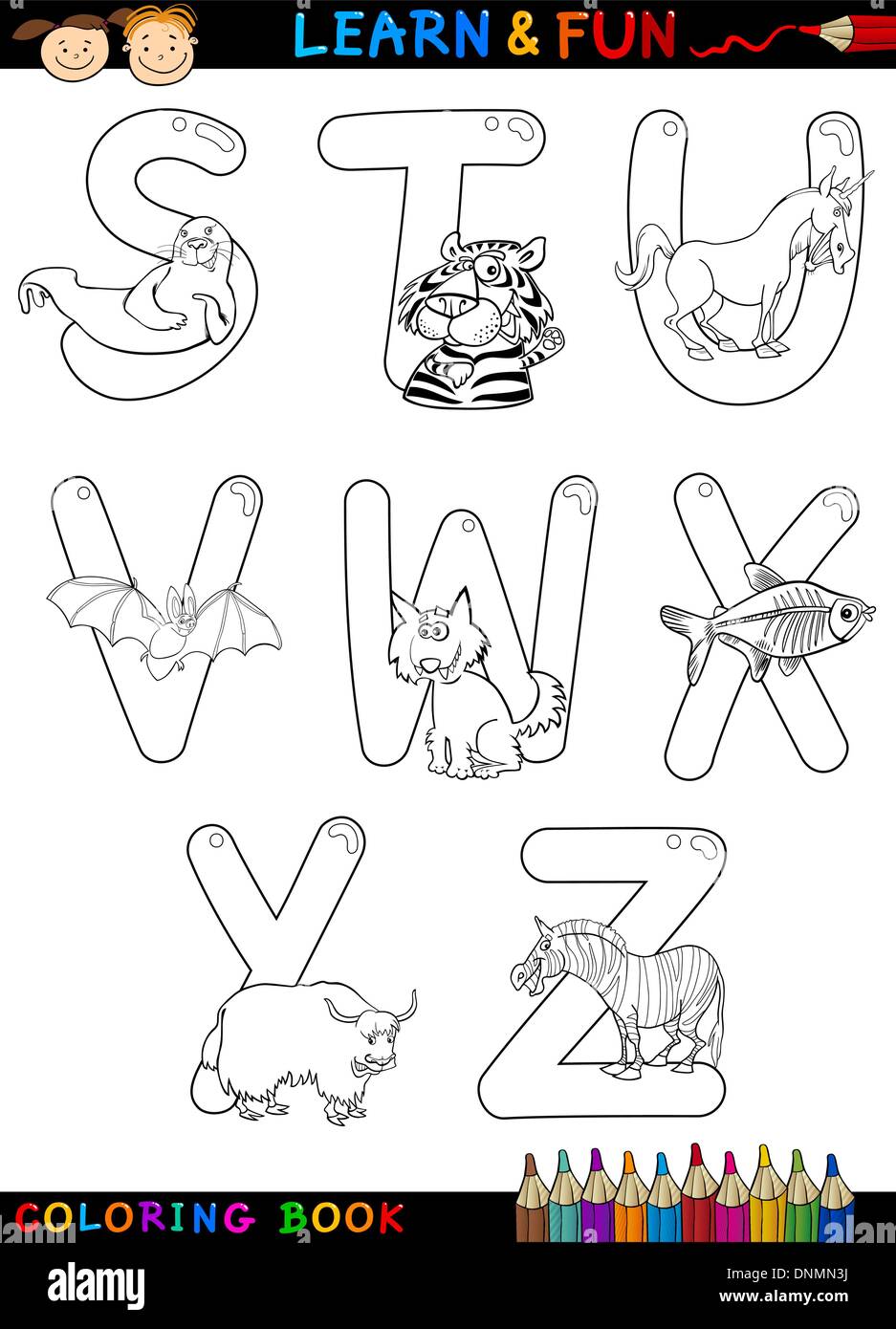 Cartoon Alphabet Coloring Book or Page Set with Funny Animals for ...