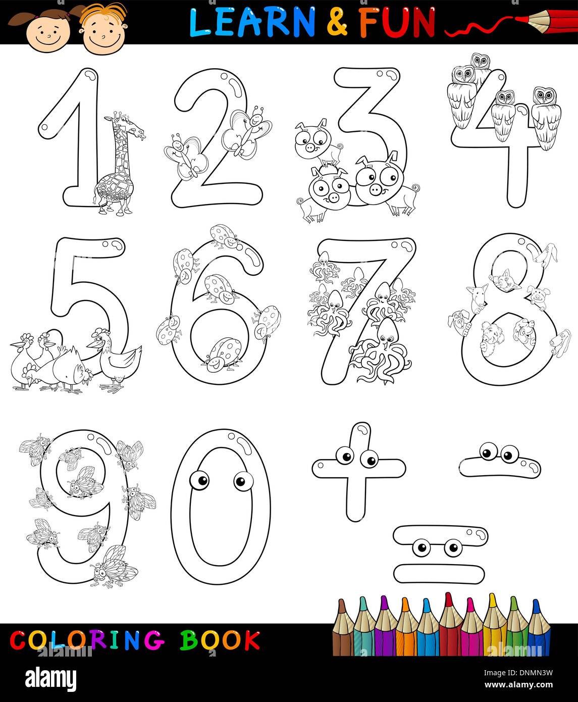Cartoon Coloring Book or Page Illustration of Numbers Signs from Zero ...