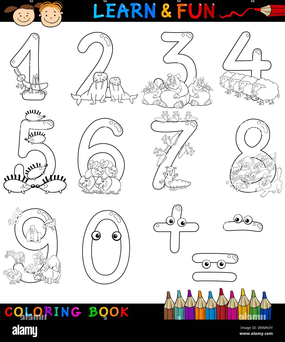 Cartoon Coloring Book or Page Illustration of Numbers Signs from Zero ...
