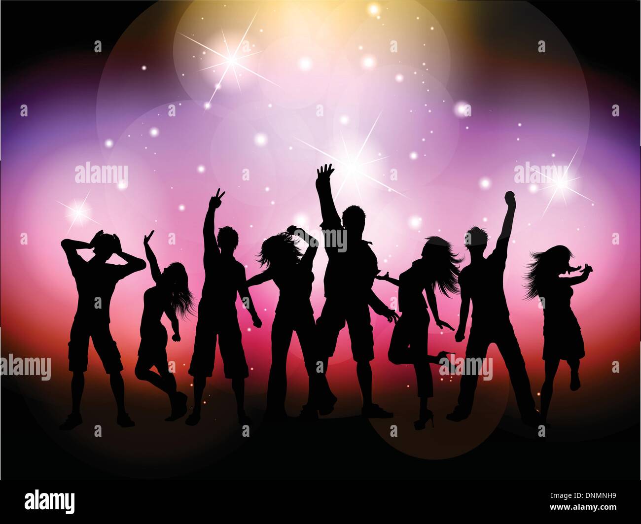 Silhouettes of people dancing under colourful lights Stock Vector Image ...