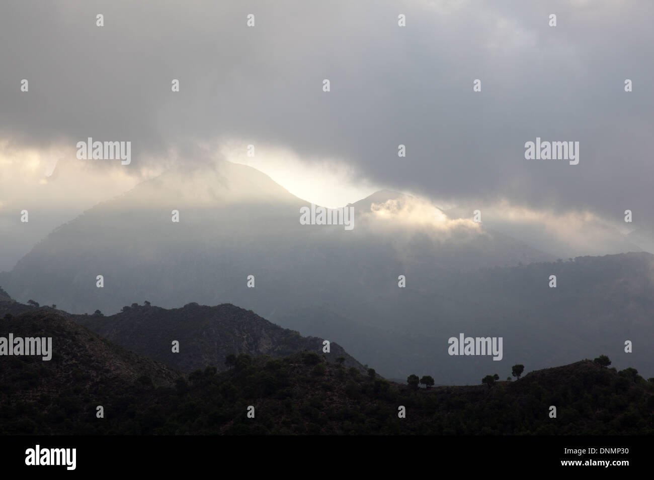 Cloudy, misty early morning mountain scene, Andalucia, Spain, September ...