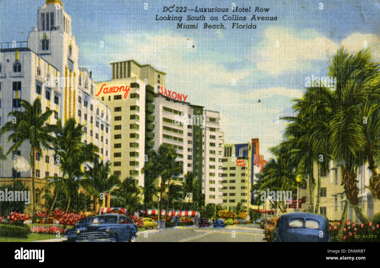 A 1950s postcard view looking south on Collins Avenue in Miami Beach ...
