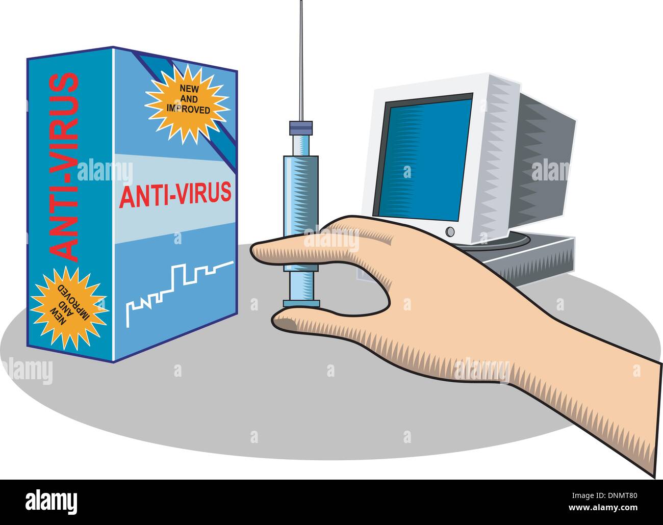 Illustration of a hand holding injection needle with computer monitor ...