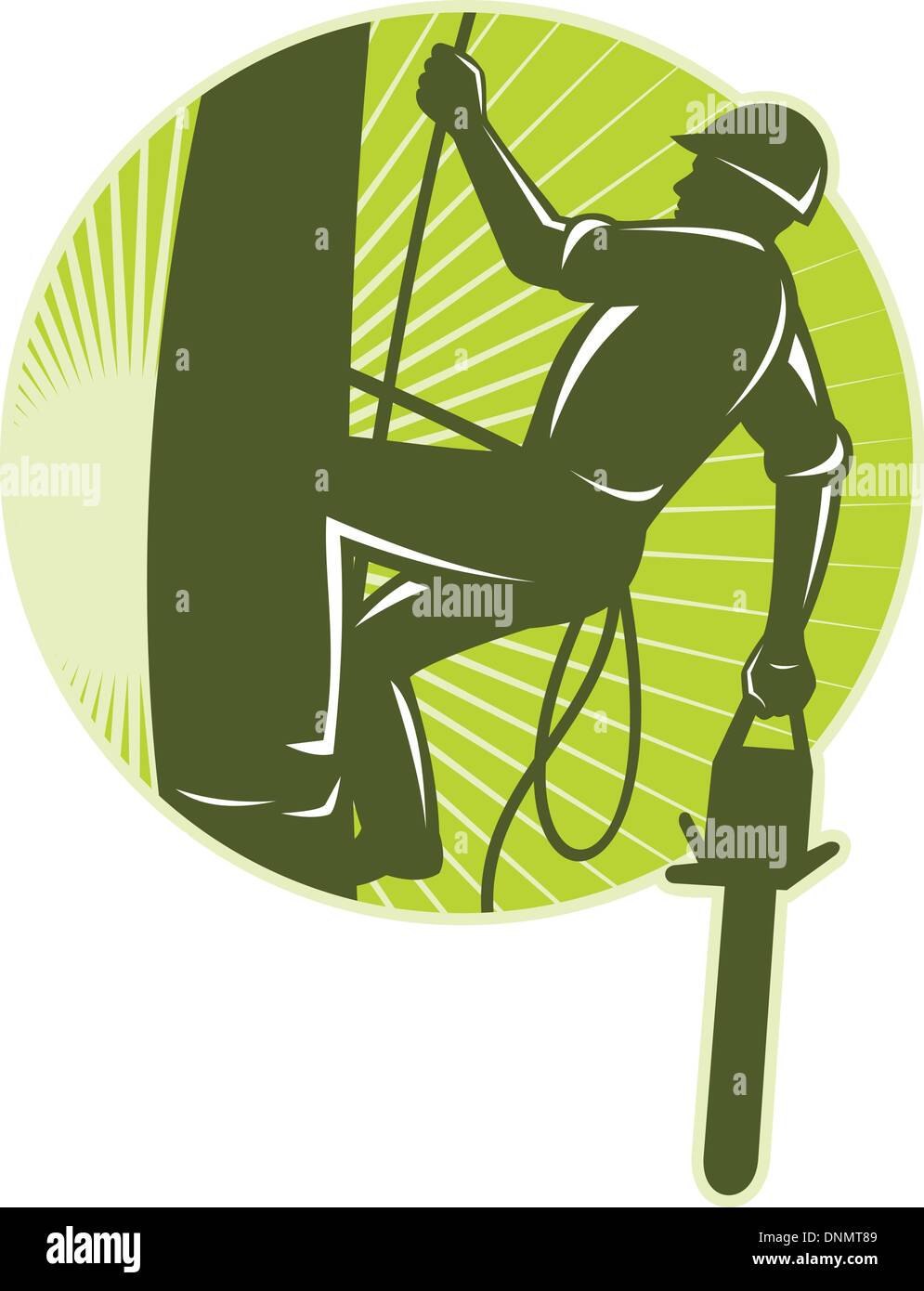 illustration of an arborist tree surgeon with chainsaw climbing a tree ...