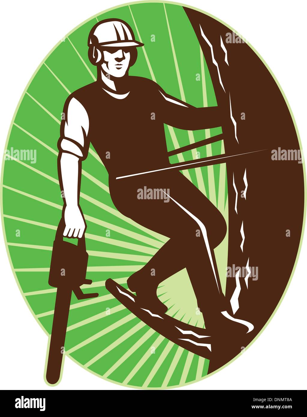 illustration of an arborist tree surgeon with chainsaw climbing a tree ...