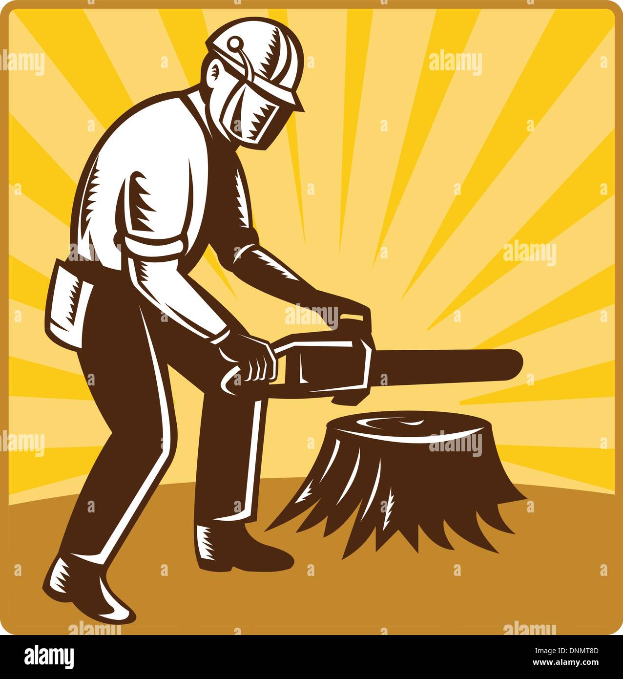 illustration of an arborist tree surgeon with chainsaw cutting tree ...