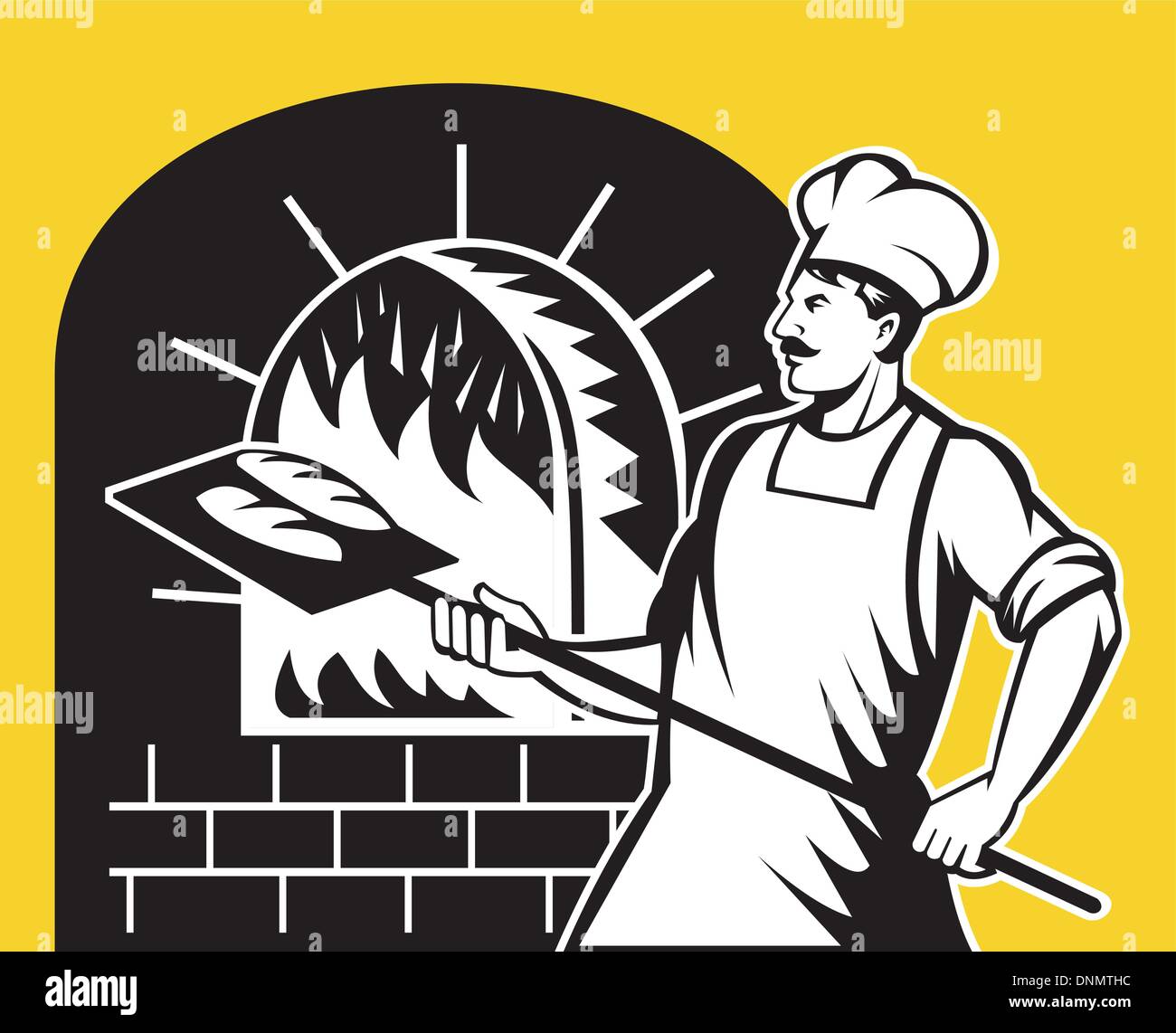 retro style illustration of a baker holding baking pan into wood oven ...