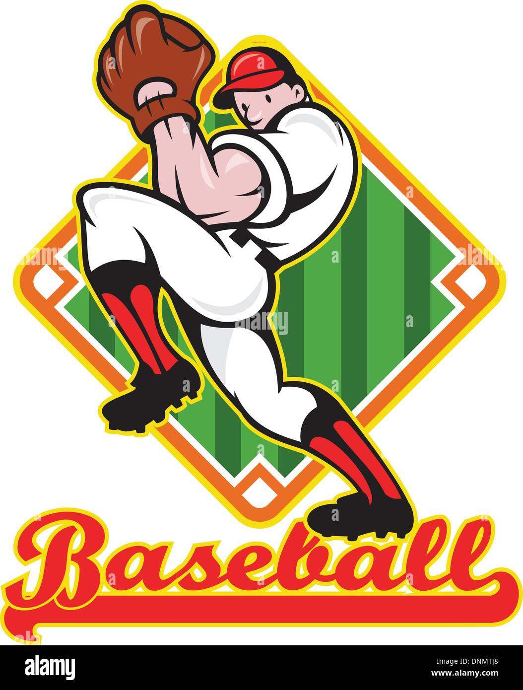 Cartoon illustration of a baseball player pitcher pitching ball facing ...