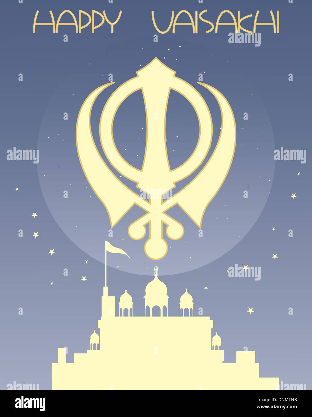 an illustration of a Sikh greeting card with symbol gurdwara and stars ...