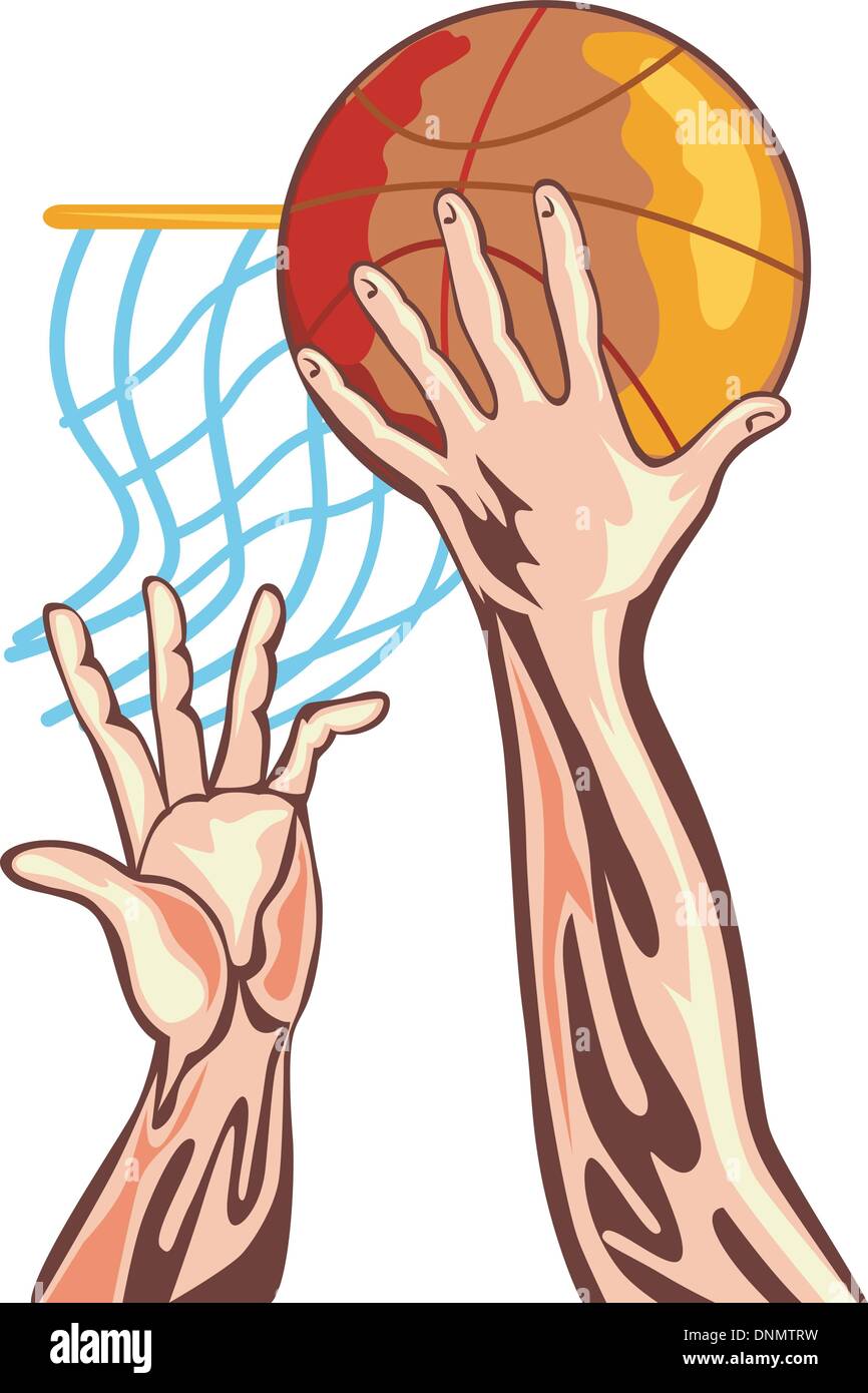 Illustration of a basketball player's hand dunking with another hand ...