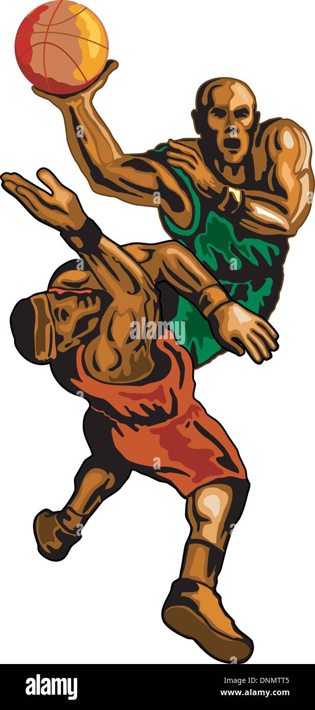 Illustration of a basketball player dunking a ball with someone ...