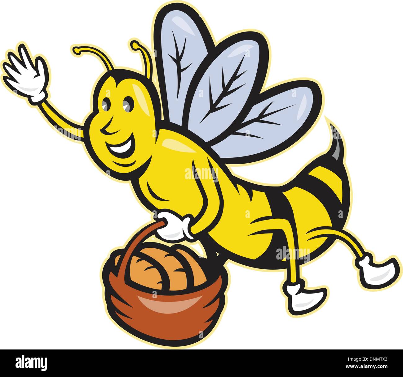Illustration of a bee waving carrying a basket full of bread loaf on ...