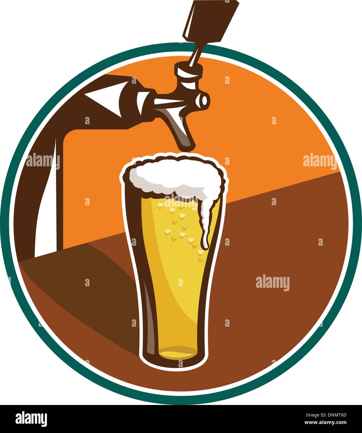 Illustration of glass pint of beer with tap in background set inside ...