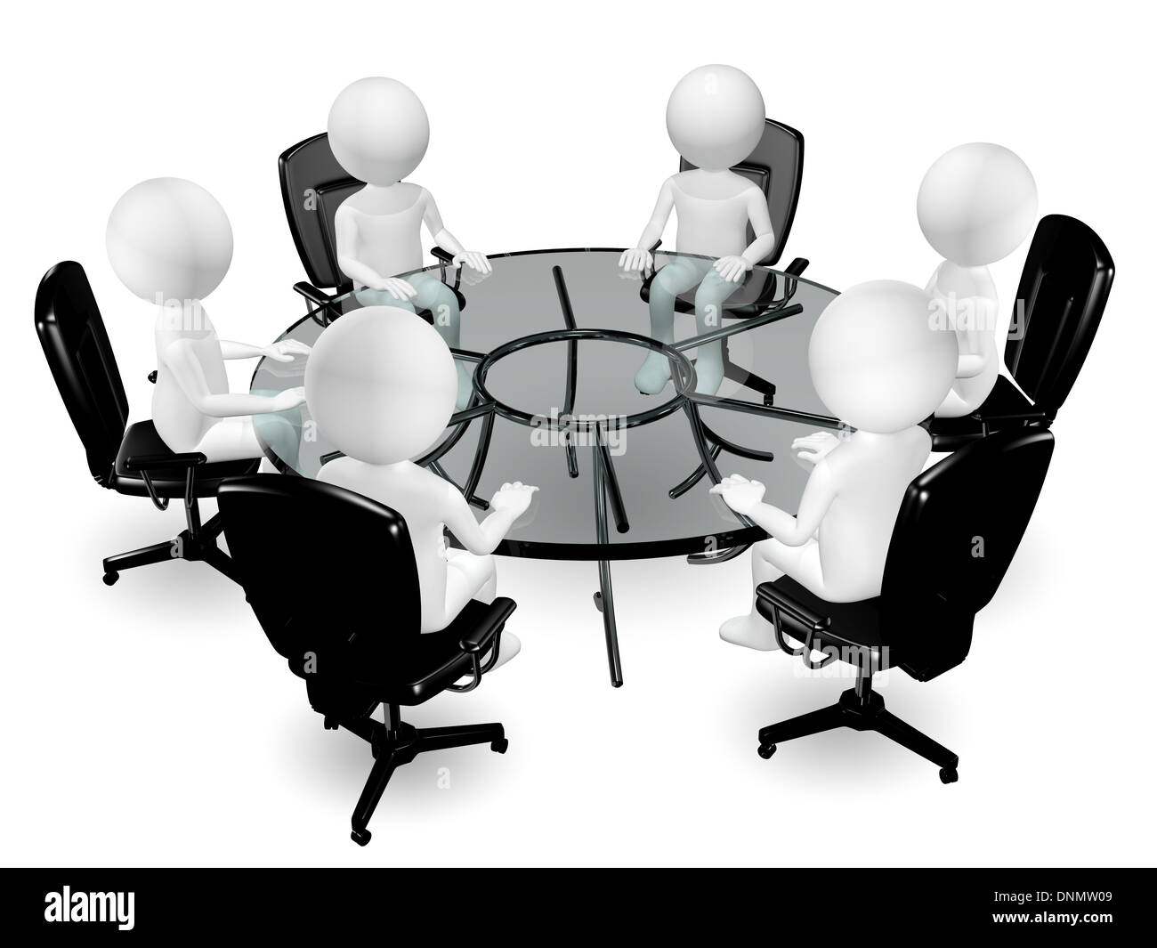 3d illustration of abstract people round glass table Stock Photo - Alamy