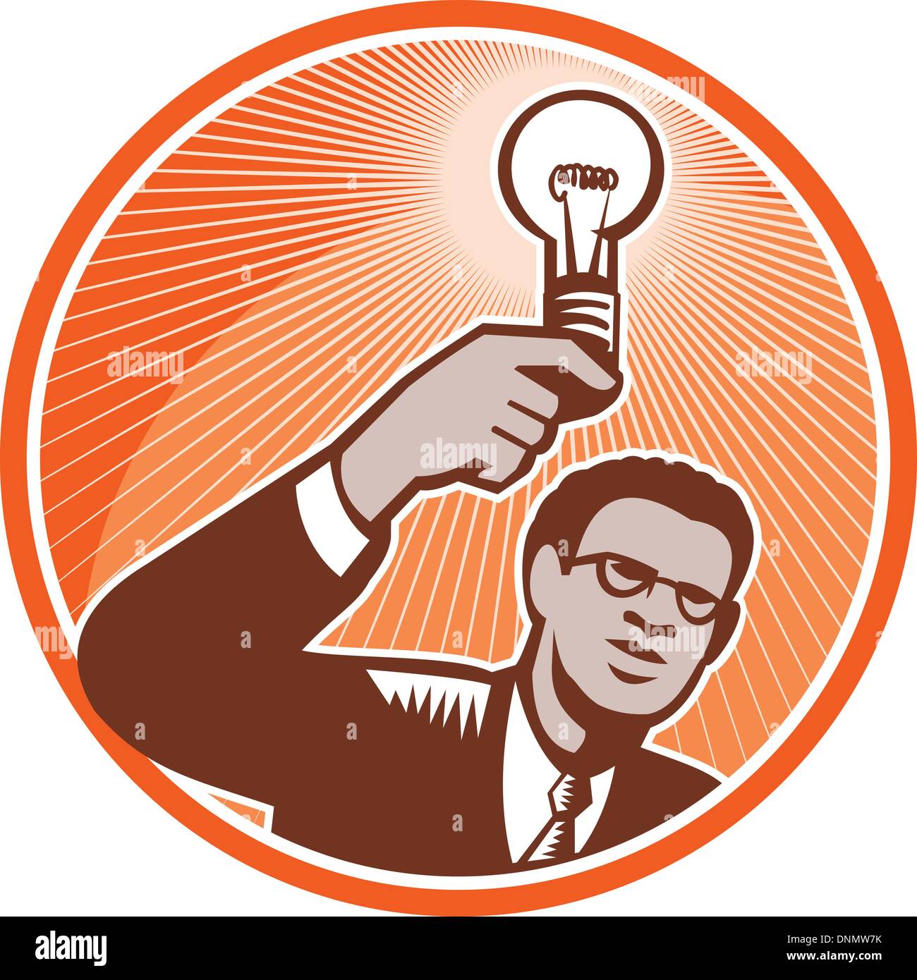 Illustration of a businessman facing front holding up a lightbulb light ...
